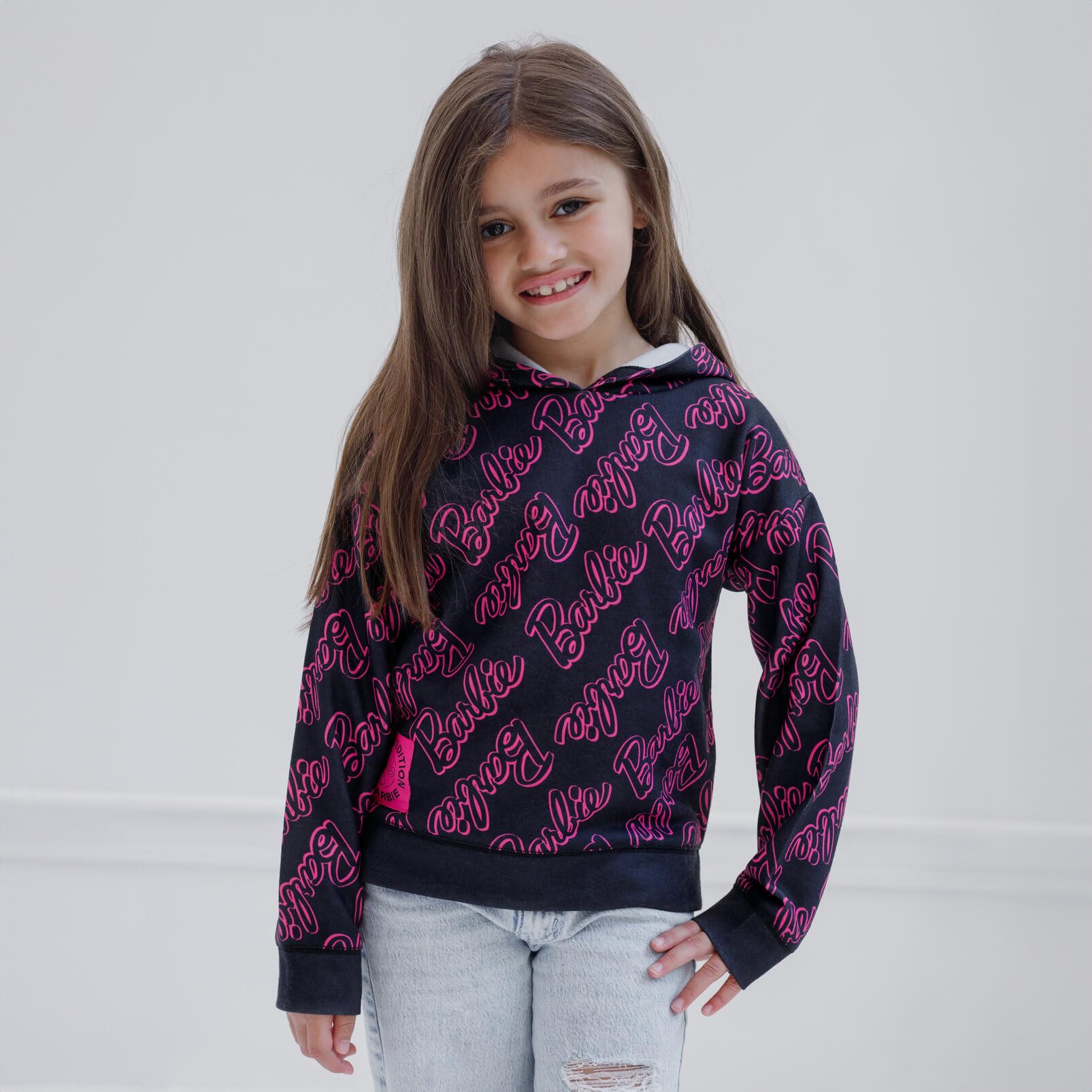 Barbie Big Girls Fleece Pullover Hoodie Logo Black 10-12
