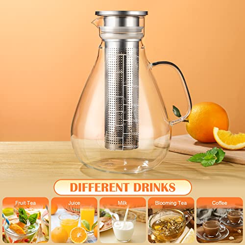 Glass Pitcher with Lid & Removable Fruit Infuser Filter, 105.6OZ Glass Fruit Infuser Water Pitcher with Precise Scale Line & Mix Spoon, HOUSALE 18/8 Stainless Steel Lid Iced Tea Pitcher Easy to Clean