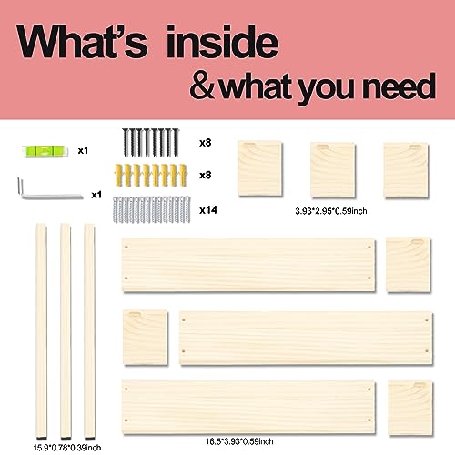 Fixwal Nursery Book Wall Shelves, 16.5 Inch Floating Bookshelves for Wall Set of 3, Baby Nursery Decor, Solid Wood Wall Mounted Shelves for Books, Toys and Decor Storage (Natural Wood)