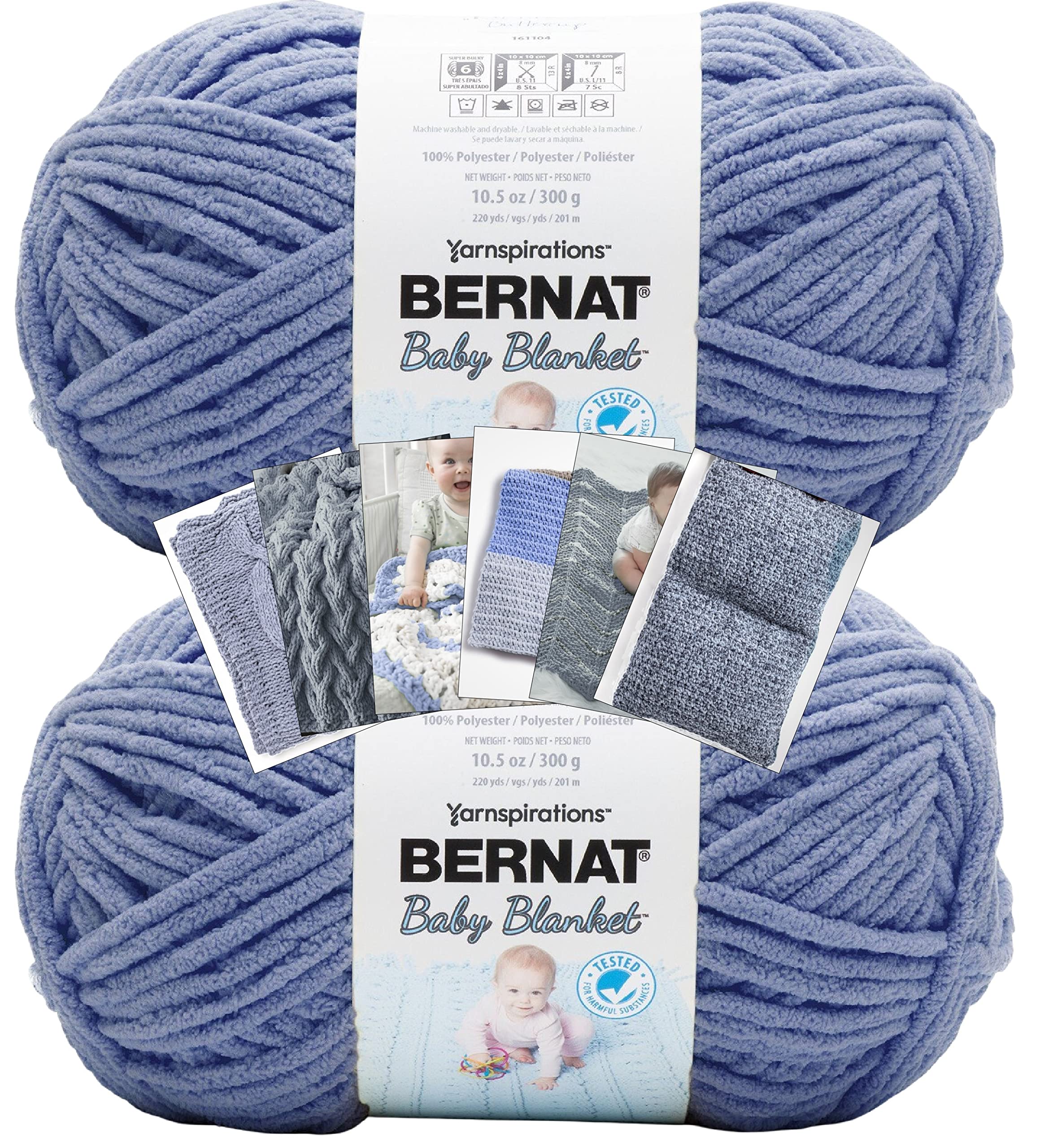 Bernat Baby Blanket Yarn - Big Ball (10.5 oz) - 2 Pack with Pattern Cards in Color (Baby Denim)