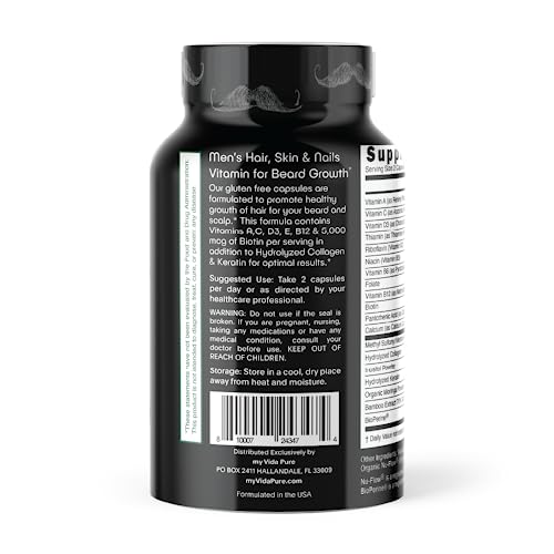 MYVIDAPURE Beard Growth + Men’s Skin & Nails – 5,000mcg Biotin – Vitamin C, D & B-Complex –Hydrolyzed Collagen Veggie Capsules – Non-GMO – Gluten-Free
