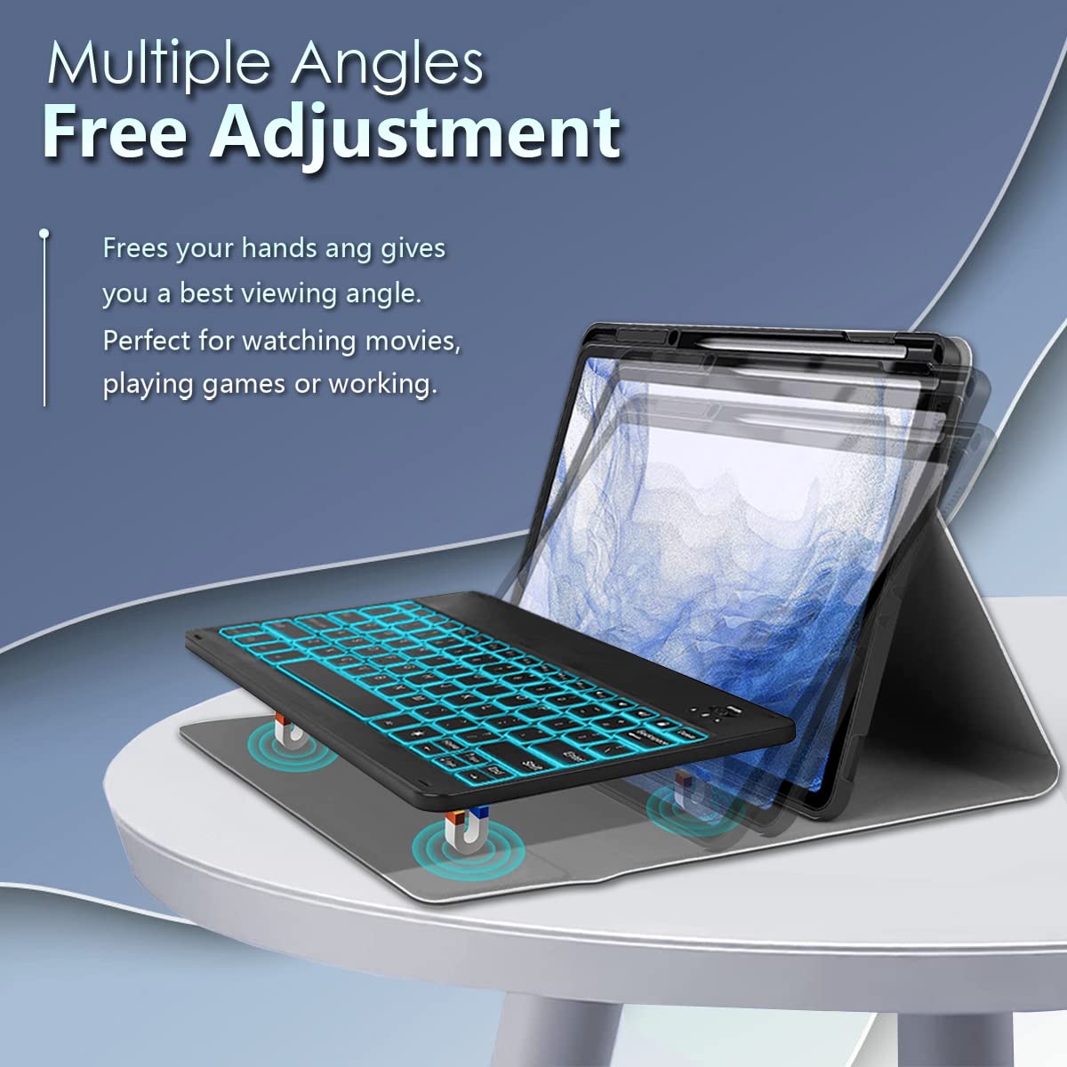 Backlit Keyboard Case for Samsung Galaxy Tab S8 Plus 2022/S7 FE 2021/S7 Plus 2020 12.4 inch with S Pen Holder, Wineecy 7 Colors Backlight Detachable Wireless Keyboard & PU Folio Stand Cover Case,Black