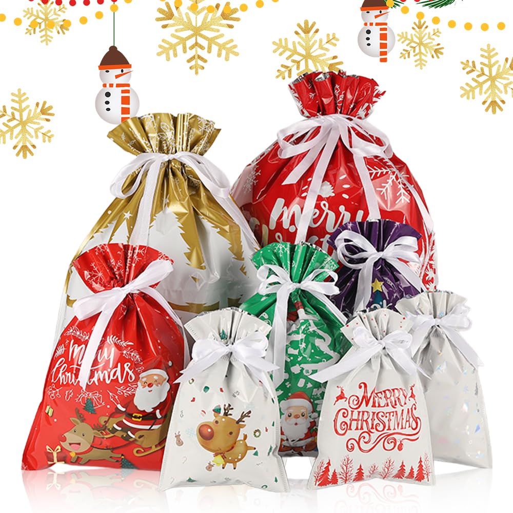 Christmas Drawstrings Gift Bags, 2024 New Christmas Gift Bags Assorted Sizes Christmas Wrapping Bags Multipack, Holiday Drawstring Gift Bags Multicolor Xmas Gift Treat Bags (24)