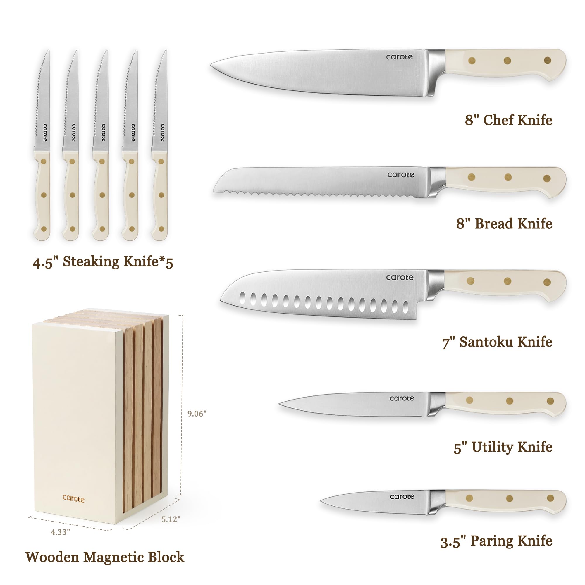 CAROTE 11PCS Knife Set with Block for kitchen, Stainless Steel Razor-Sharp Blade, Triple Riveted Ergonomic Handle,Essential Knife Set, Beige
