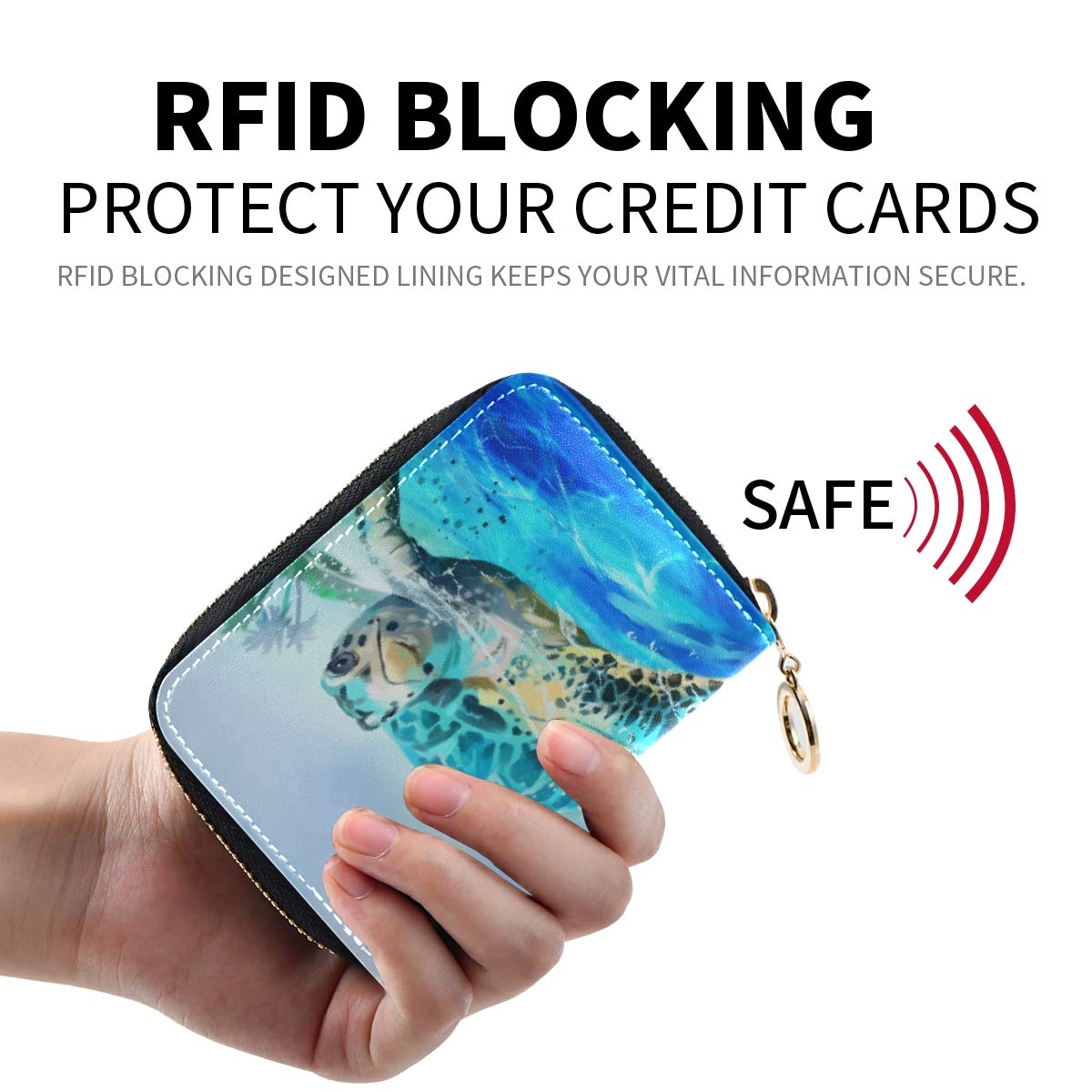 MOYYO RFID Credit Card Holder Case Watercolor Drawing Sea Turtle Leather Printed Zipper Card Case Wallet for Women Girls
