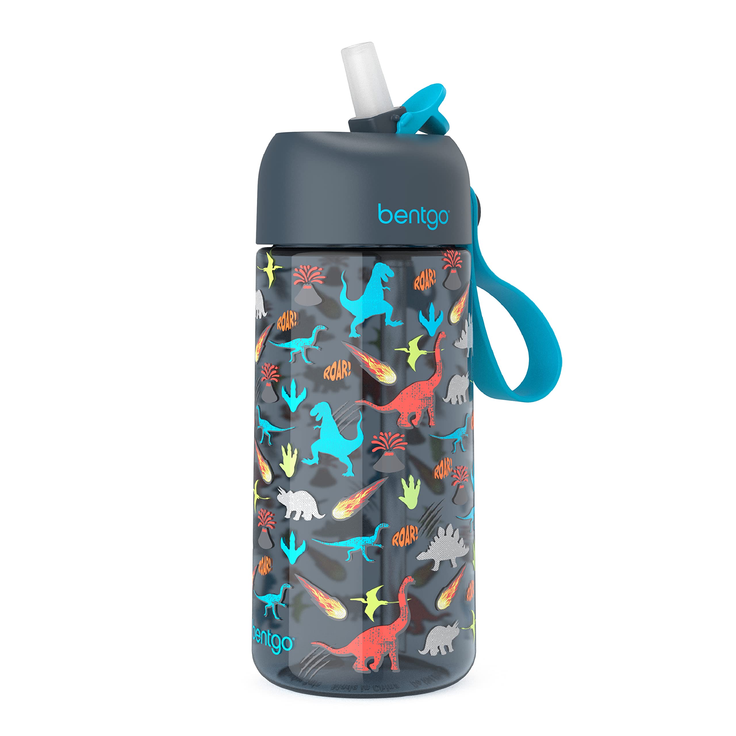 Bentgo® Kids Water Bottle - New & Improved 2023 Set With 2-Pack of Water Bottle Replacement Straws (Dinosaur)