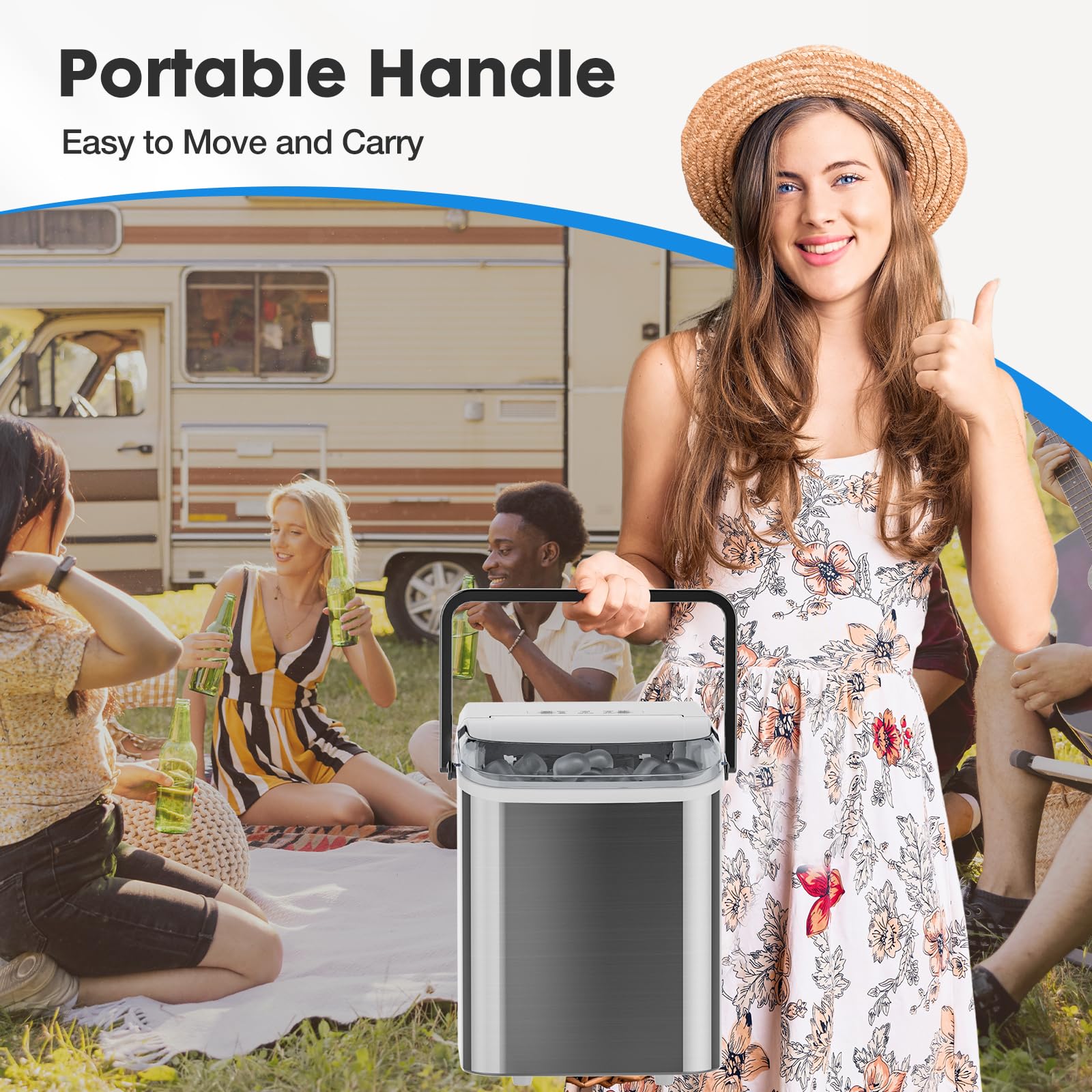 DUMOS Stainless Steel Countertop Ice Maker, Portable Self-Cleaning Ice Machine with Handle, Ice Scoop and Basket, 6 Mins/9 Pcs, 26.5lbs/24Hrs, 2 Sizes of Bullet Ice for Kitchen Party, Silver