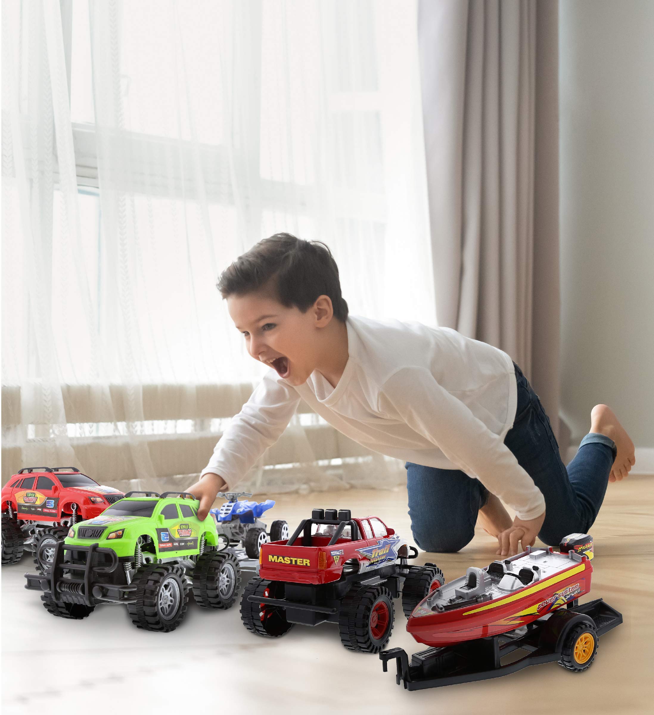 Mozlly Bundle of 2 Friction Powered Monster Trucks with ATV Trailer Playset, Push Powered Monster Truck with Speed Boat Transport Toys - Push & Go