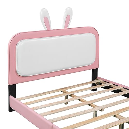 CJLMN Upholstered Rabbit Shaped Princess Bed Pink Platform Bed, Full Size Wood Bed Frame with Bunny Ears Headboard and Bunny Tail Footboard, Kids Bedroom Furniture Fun Cute Rabbit Bed