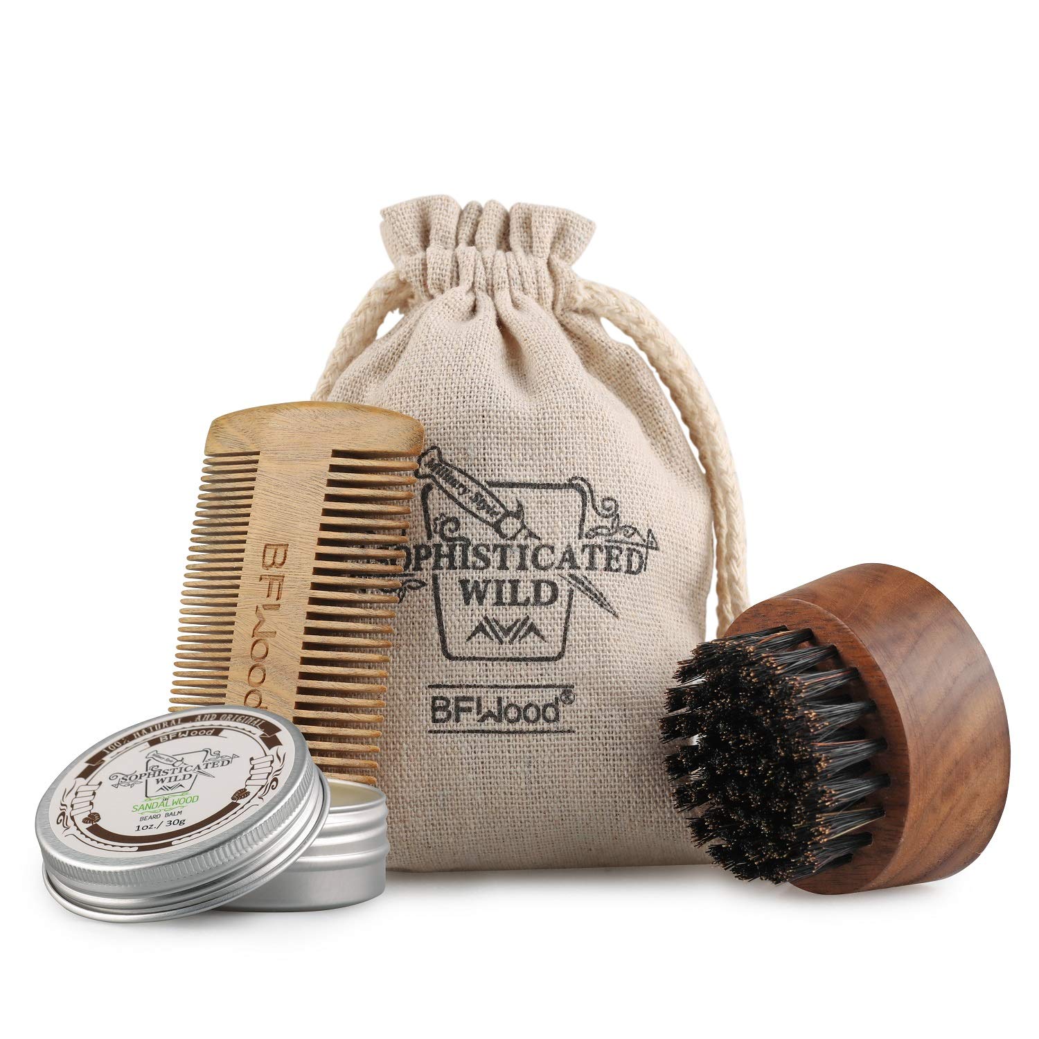 BFWood Beard Brush and Comb Set - Walnut Round Beard Brush & Sandalwood Beard Comb