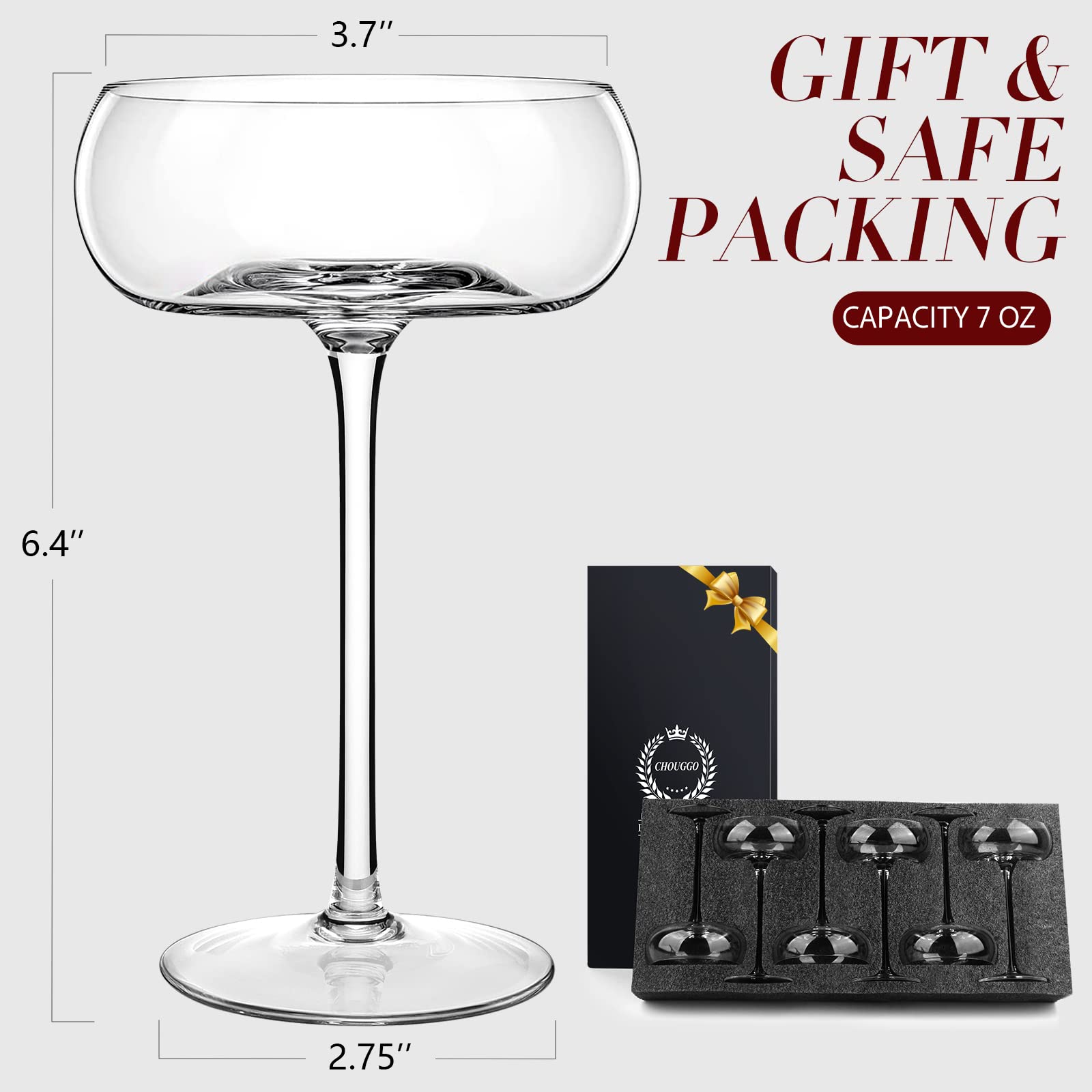 Chouggo Set of 6 Martini Glasses, Act Deco 7Oz Crystal Coupe Glass with Unique Convex Bottom, Elegant Hand Blown Cocktail Glasses for Bar, Martini, Cosmopolitan, Manhattan, Gimlet, Pisco Sour