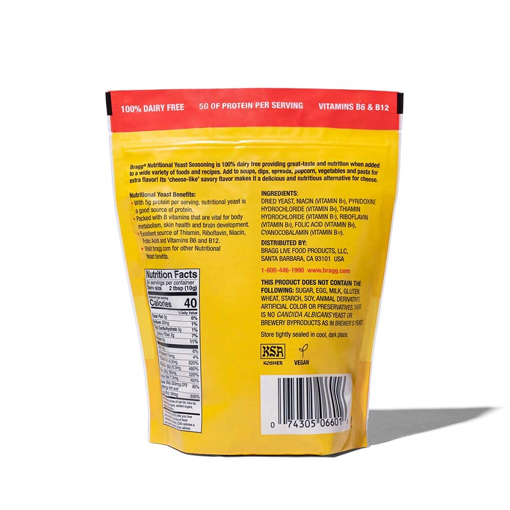 Bragg Premium Nutritional Yeast Seasoning - Vegan, Gluten Free β Good Source of Protein & Vitamins β Nutritious Savory Parmesan Cheese Substitute (Original, 12 Ounce (Pack of 1))