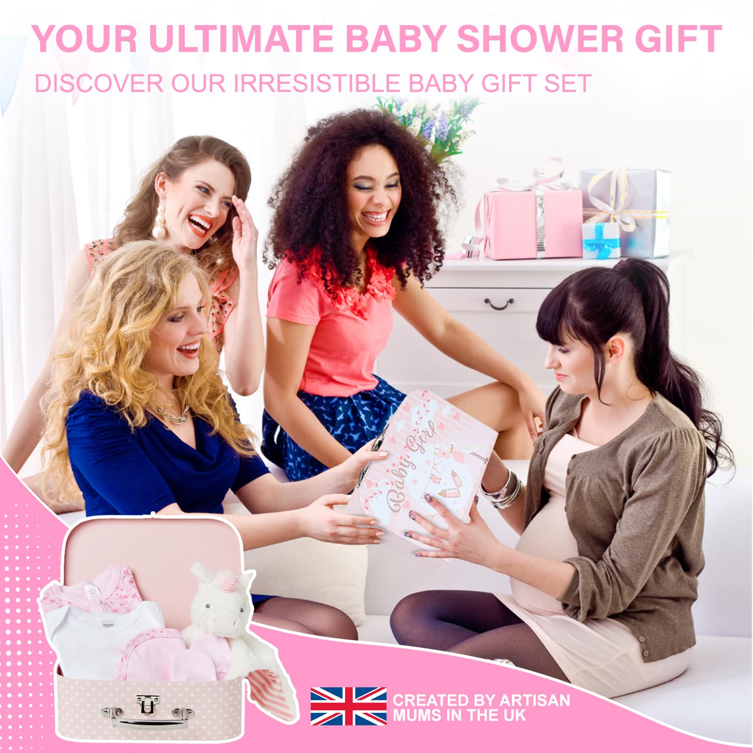 Baby Gift Set in Pink - Hamper for Baby Girl with Newborn Essentials Including a Comforter, Bodysuit, Sleepsuit, Cotton Bib and Mittens