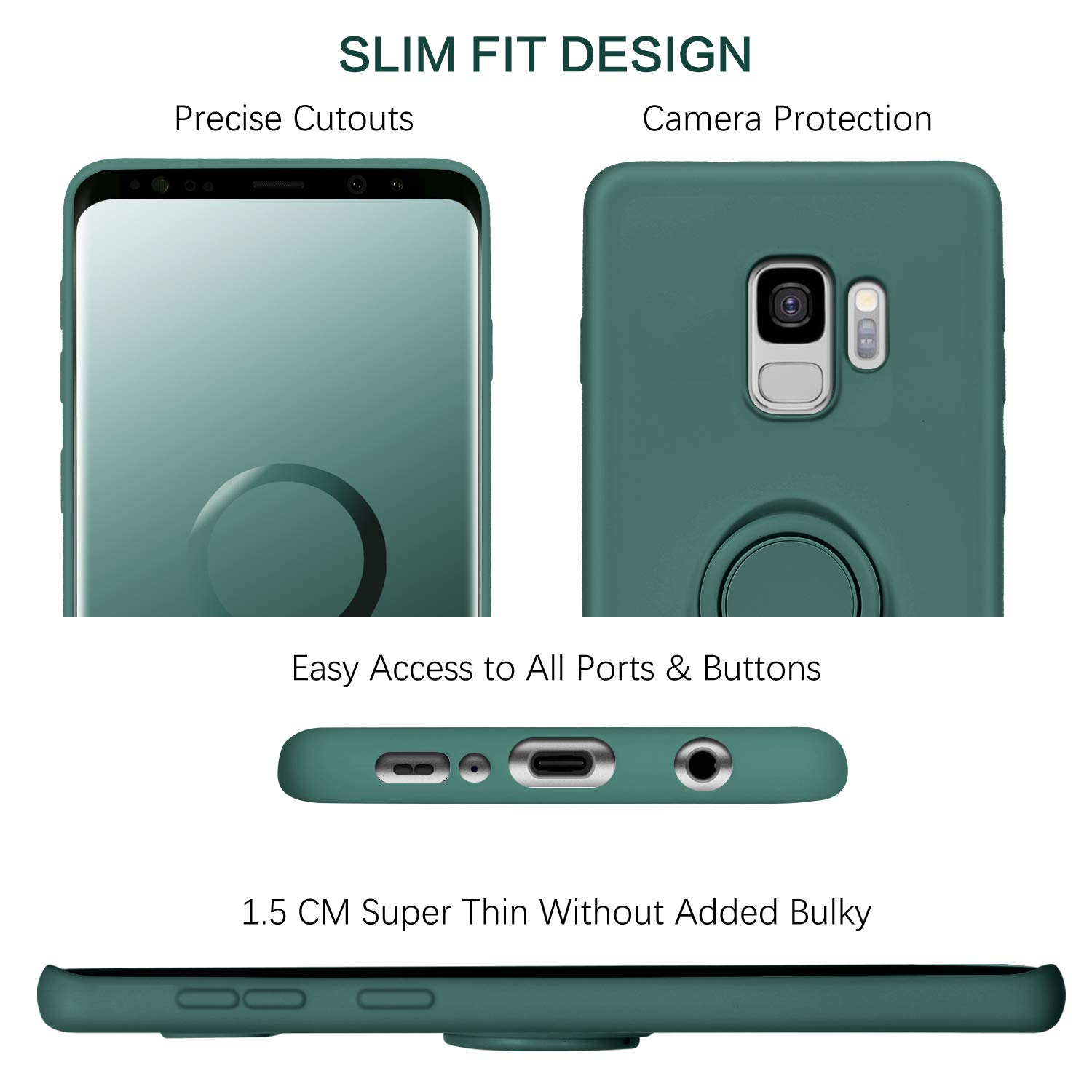 BENTOBEN Samsung Galaxy S9 Case, Slim Silicone | 360° Ring Holder Kickstand | Support Car Mount | Soft Rubber Shockproof Bumper Protective Non-Slip Case for Samsung Galaxy S9 5.8" (2018), Dark Green