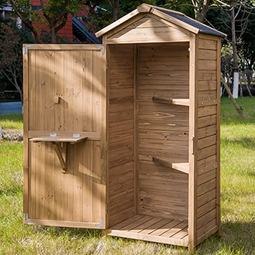 Livavege Outdoor Storage Cabinet with 2 Corner Shelves & Workstation - Wooden Garden Shed with Lockable Door, Outside Waterproof Tool Storage Shed for Patio Furniture, Backyard, Lawn, Meadow, Farmland