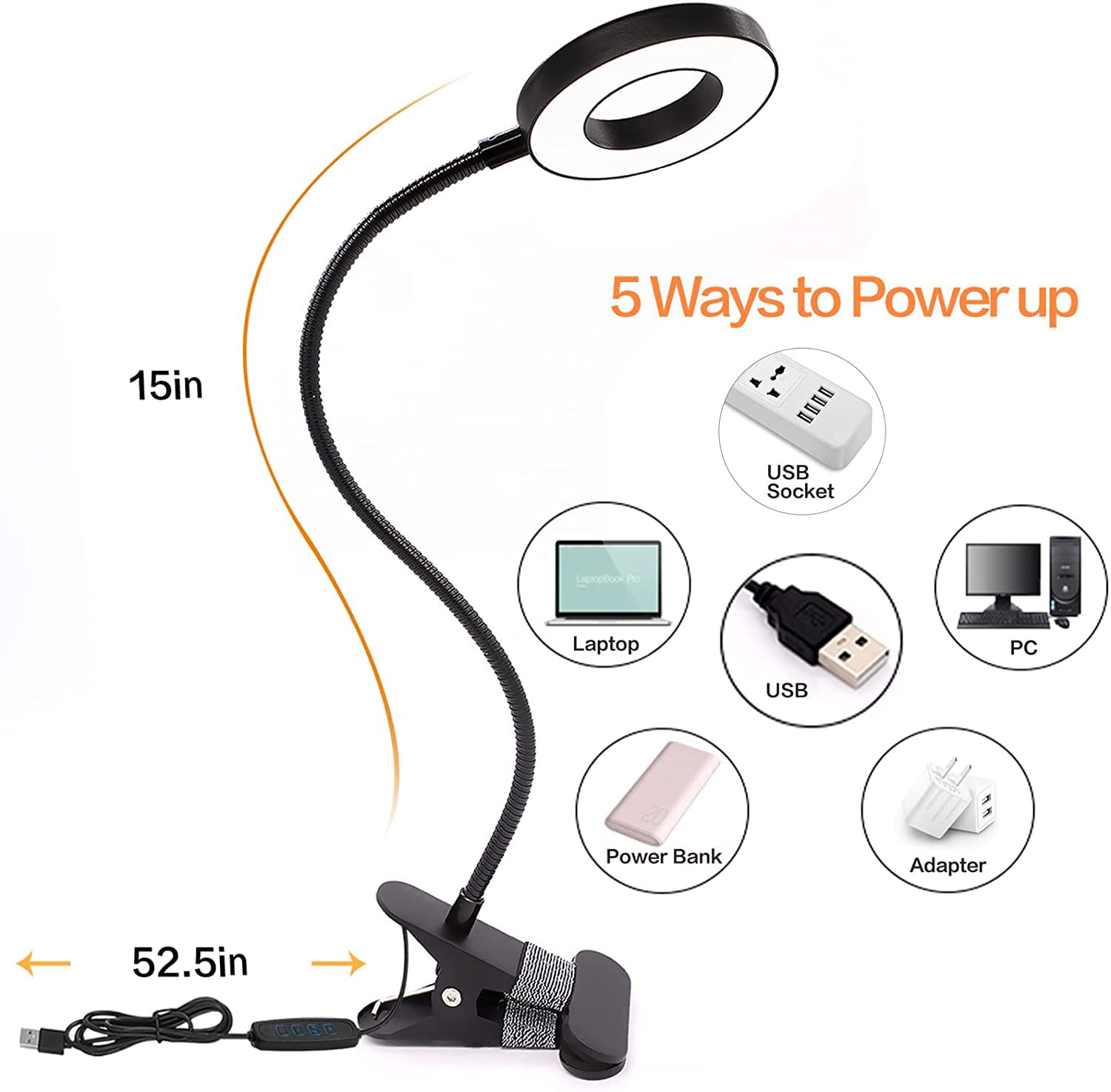 Brokimis Clip on Light LED Reading Book Study Lamp 3 Color Modes 10 Brightness Eye Protection 360° Flexible Gooseneck Student Dormitory Office Desk Lamp at Night in Bed