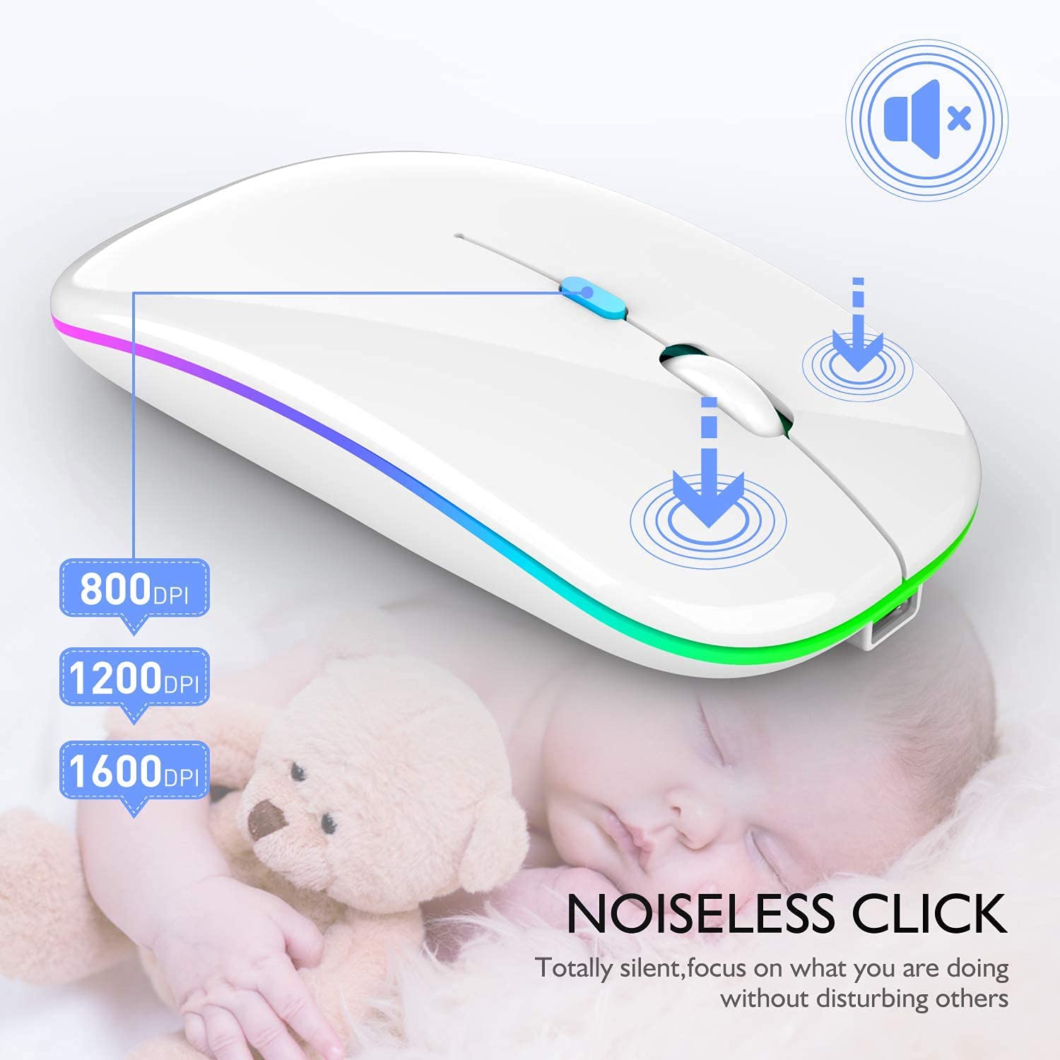 Neises LED Wireless Mouse,Wireless Mouse for MacBook Air/MacBook Pro/Mac/Laptop/MacBook/iPad,Bluetooth Mouse for MacBook Air/Pro/Mac/ipad/ipad pro/OS 13 and Above (White)