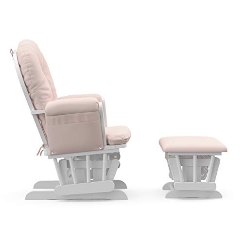 Storkcraft Premium Hoop Glider and Ottoman (White Base, Pink Cushion) – Padded Cushions with Storage Pocket, Smooth Rocking Motion, Easy to Assemble, Solid Hardwood Base