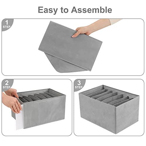 Coorganisers 3 Pack Jeans Wardrobe Clothes Organizer, Washable Clothes Organizer for Folded Clothes, Non-Woven Fabric Drawer Organizers for Clothing, 7 Grids Compartment Storage Box Clothing(Gray)