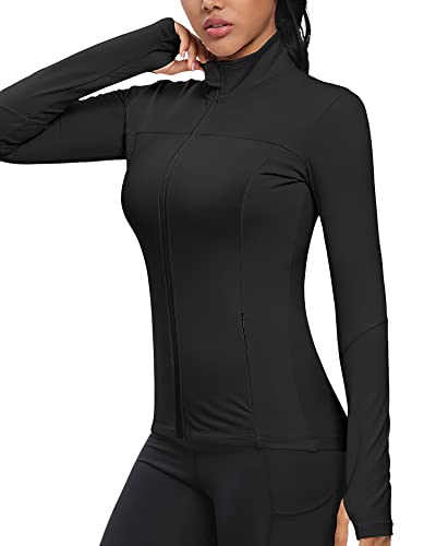 GYM RAINBOW Workout Jackets for Women, Full Zip Slim Fit Lightweight Athletic Running Sports Track Jacket with Pockets(1-Black,Medium)