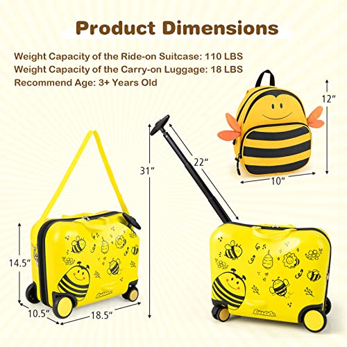 BABY JOY 2PC Kids Luggage Set, 4 in 1 Toddler 18β Ride-on & Carry-on Hardshell Suitcase with Wheels, Anti-Lose Rope, 12β Backpack Set, Lightweight Travel Rolling Trolley for Boys Girls (Cute Bee)