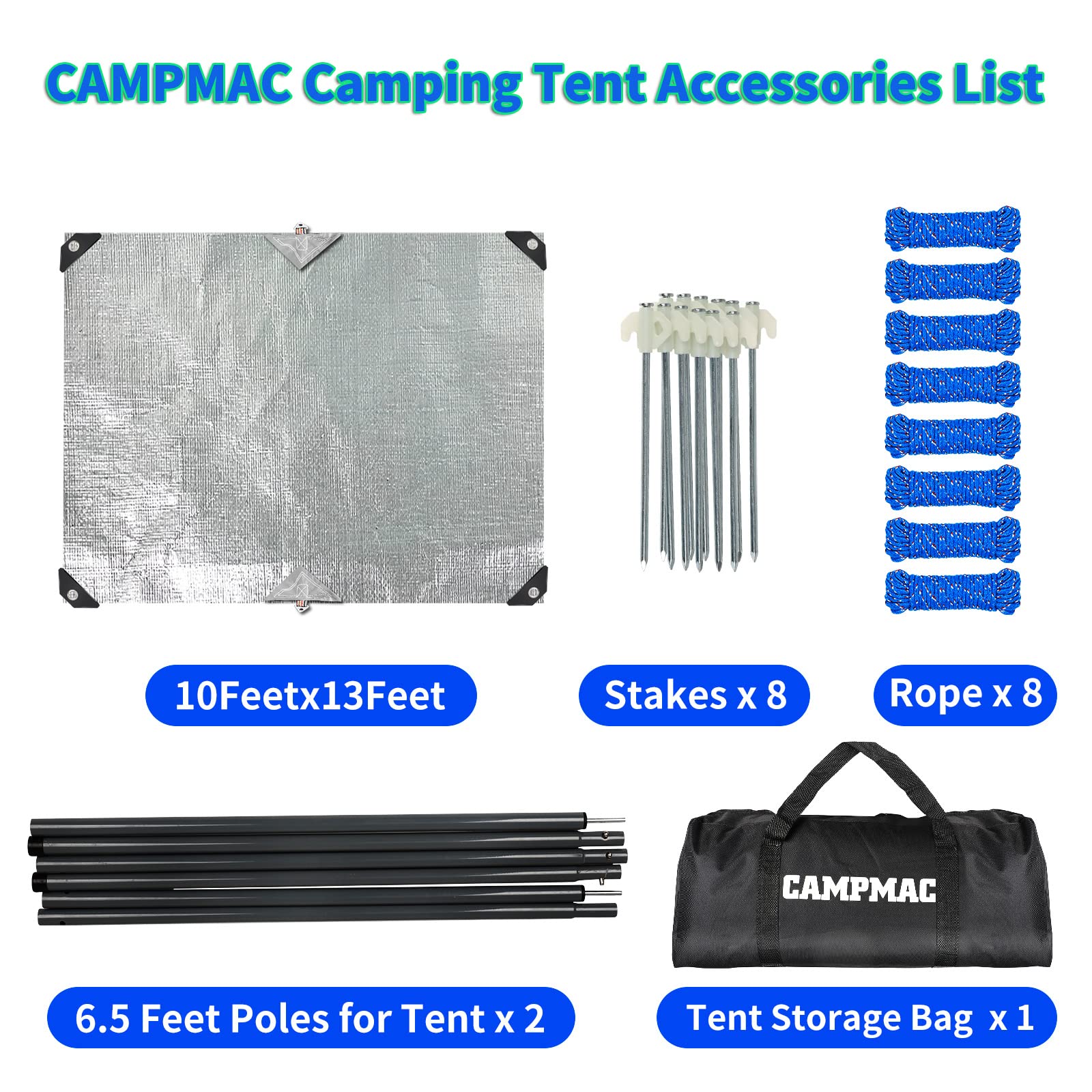 CAMPMAC Lightweight Camping Tarp Set, (10 Ftx13 Ft) - with 2 Heavy Duty Poles, Hammock Tarp, Hammock Tent, Rain Tarp for Used with Car, Tent and Hammock in Camping - (Silver/Black)