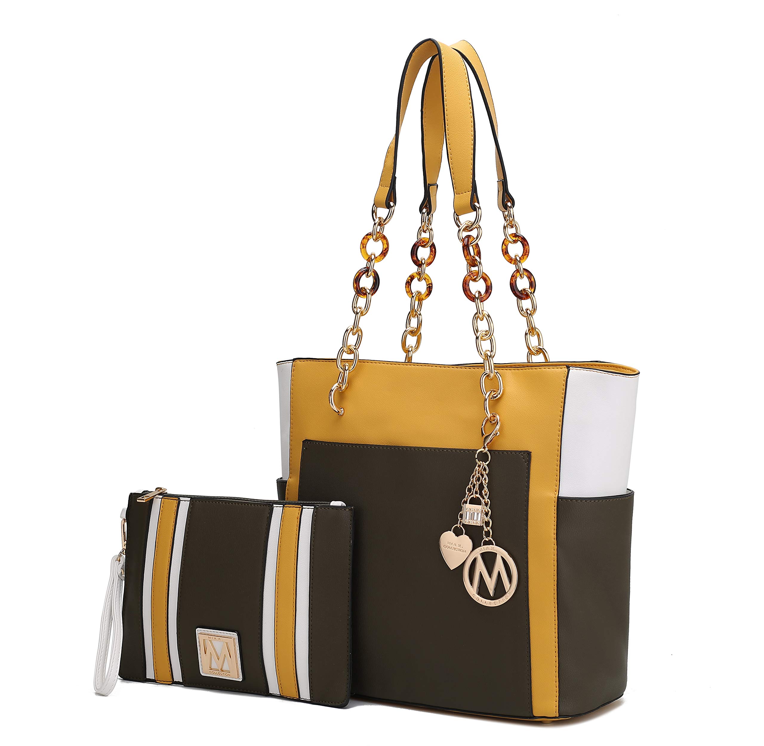 MKF 2-PC Set, Tote Bag for Women & Pouch Purse: PU Leather Handbag Pocketbook, Top-Handle Shoulder Strap Mustard-Olive