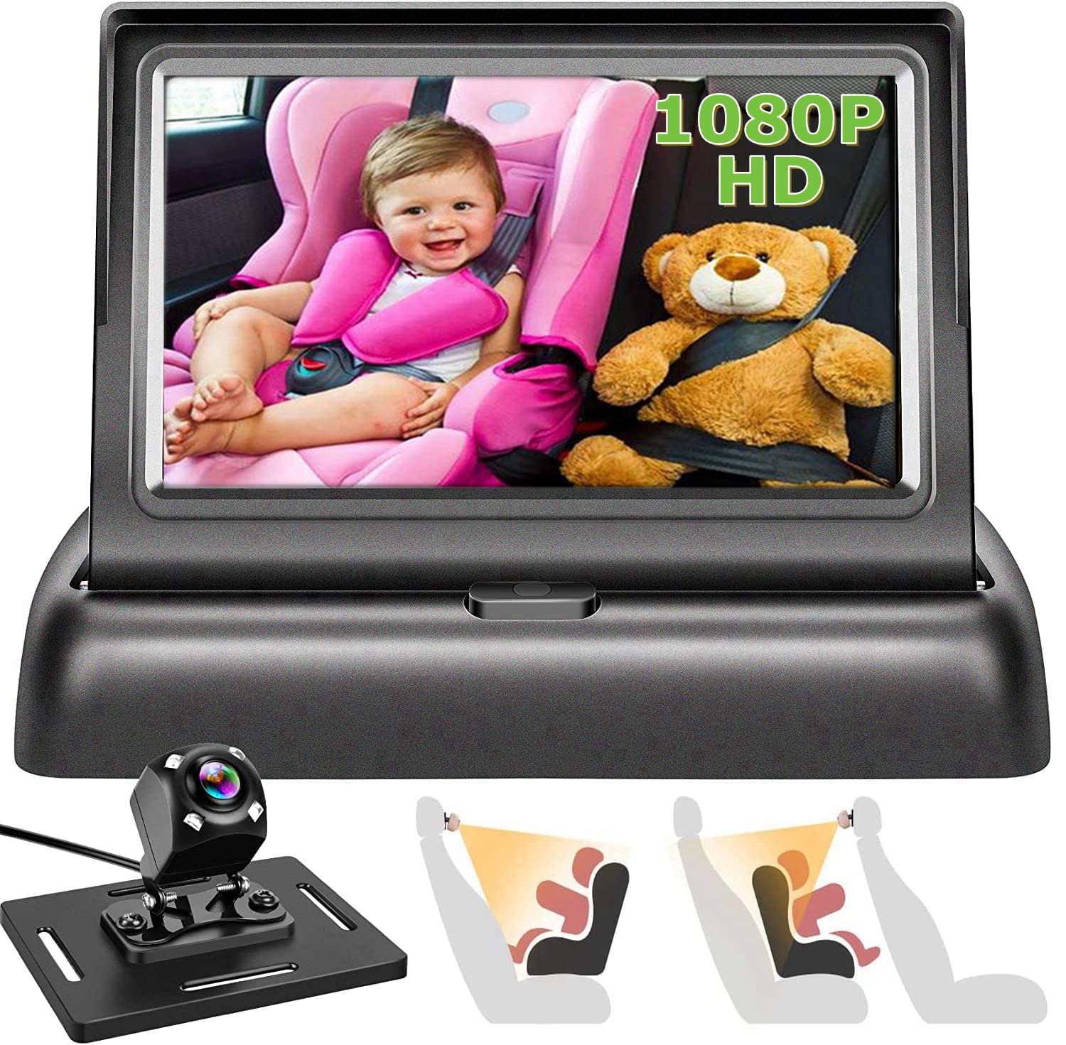 CarThree Baby Car Mirror, 4.3Inch HD Night Vision Car Mirror Display, Safety Car Seat Mirror Camera Monitored Mirror with Wide Crystal Clear View, Easily Observe Baby's Every Movement While Driving