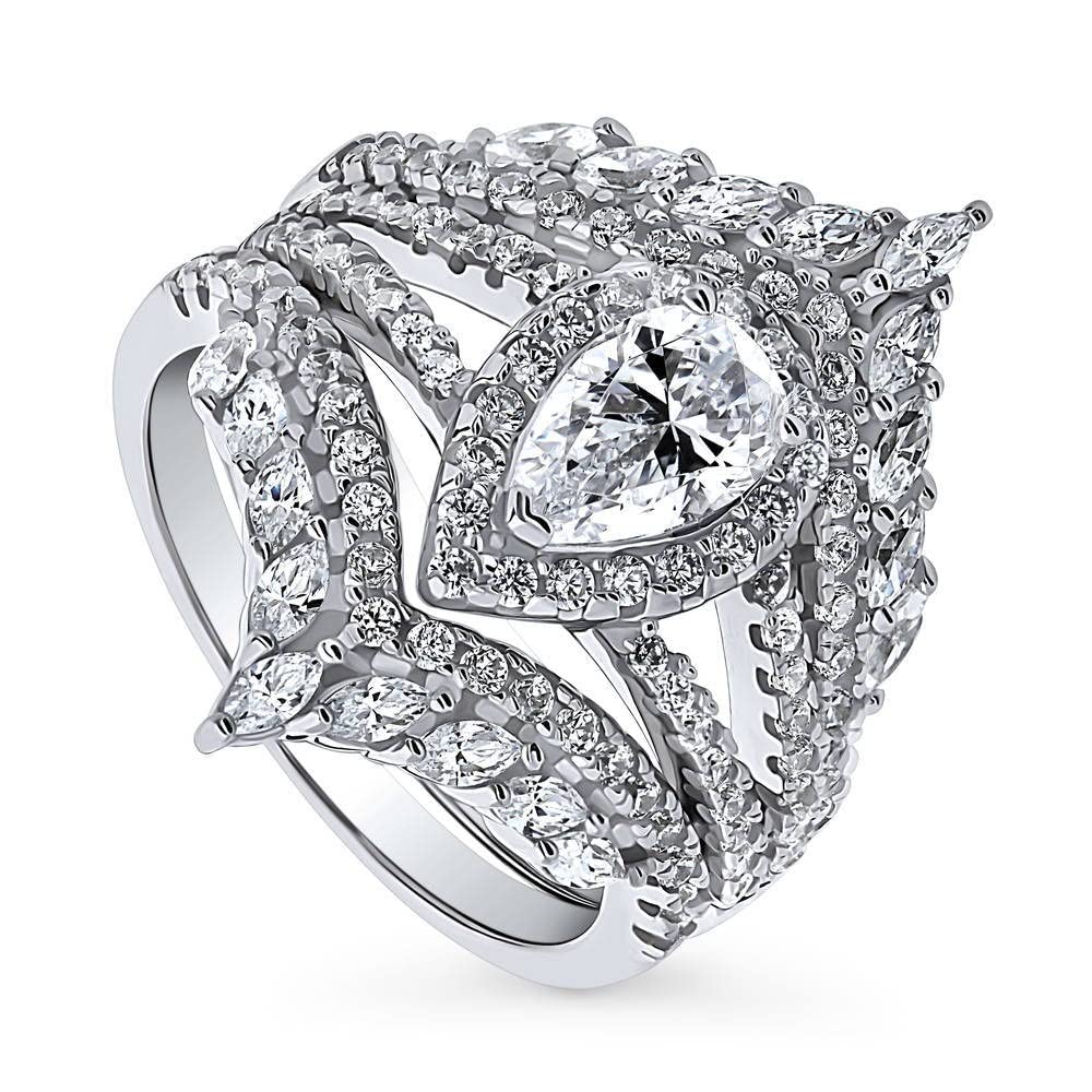 BERRICLE Sterling Silver Halo Wedding Engagement Rings Pear Cut Cubic Zirconia CZ Split Shank Ring Set for Women, Rhodium Plated Size 8