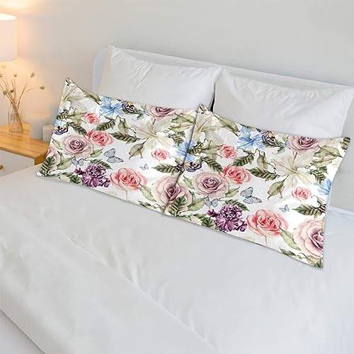 Flower Rose Butterfly Pattern Satin Pillow Cases Silk Satin Pillowcase for Hair and Skin Standard Set of 2 Super Soft Silk Pillowcase with Envelope Closure (20x26 in)