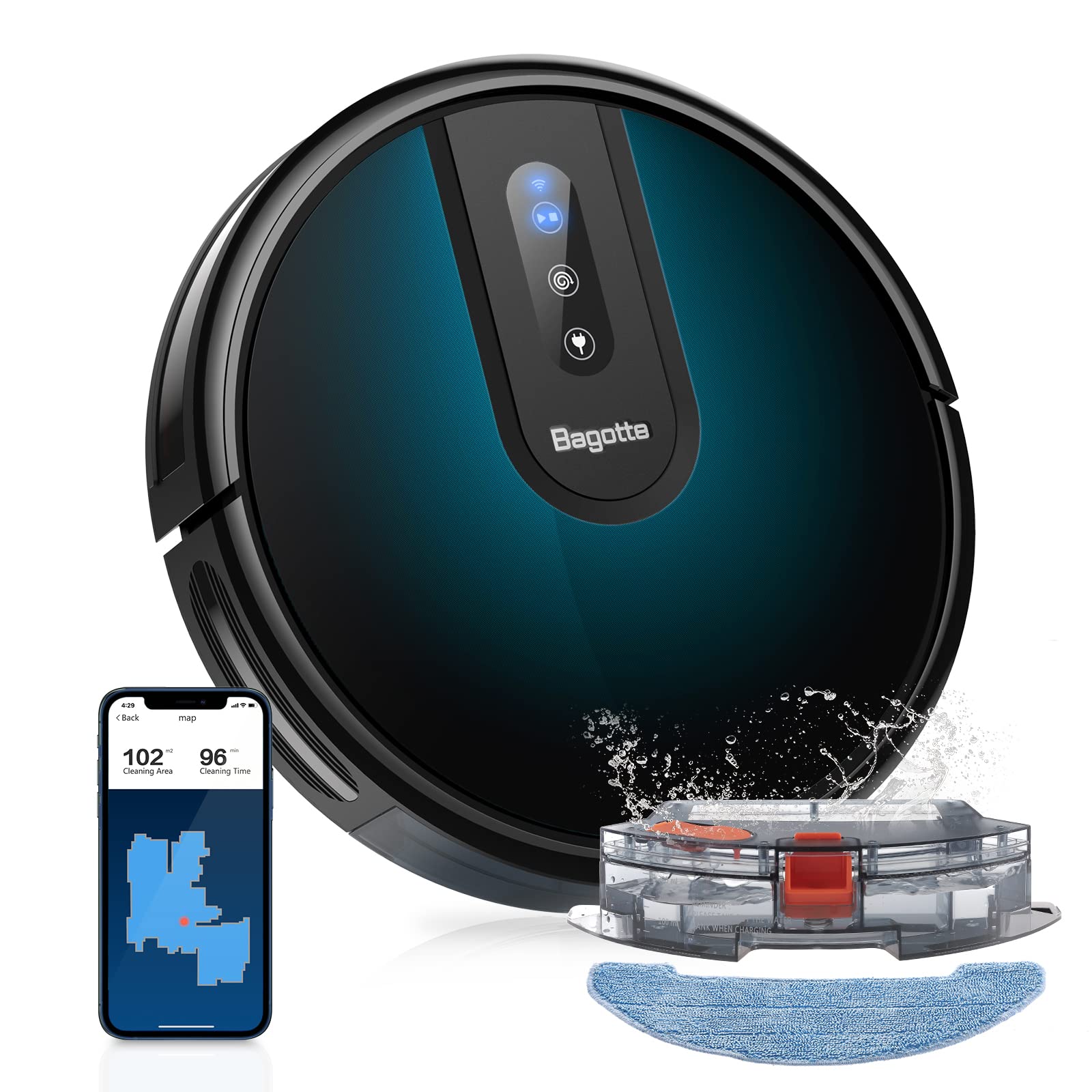 Bagotte Robot Vacuum Cleaner, 4-in-1 Robot Vacuum and Mop, Gyro Navigation, Carpet Automatic Boost,Virtual Boundary, Self-Charging, Alexa/App/WiFi Robot Vacuum for Pet Hair Hard Floor Carpets