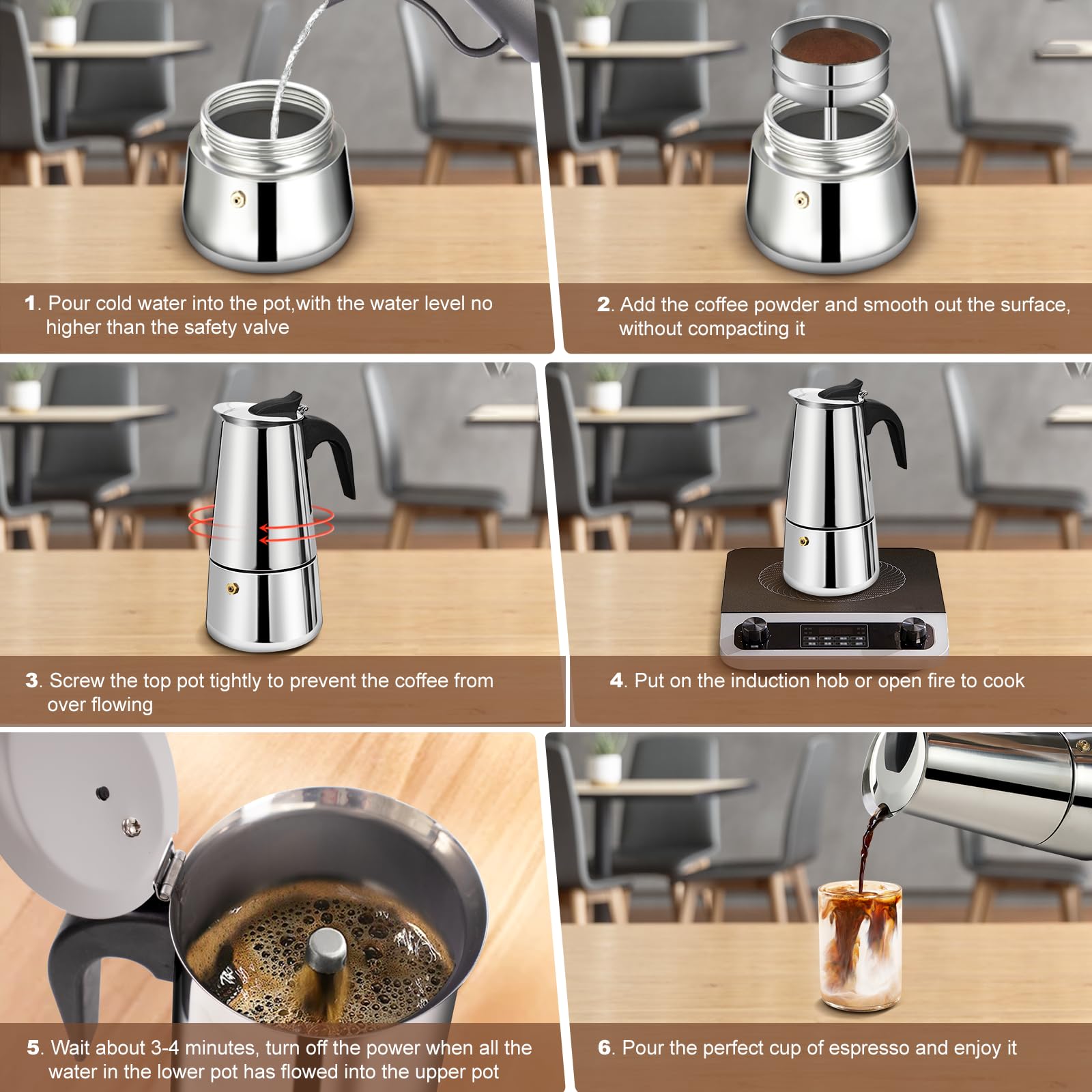 DITOSH 6 Cup Stovetop Espresso Maker Stainless Steel Moka Pot Espresso Maker Percolator Italian Coffee Maker Capable Mocha Coffee Machine Cafe Classic Maker for Home & Camping 300ml 10oz