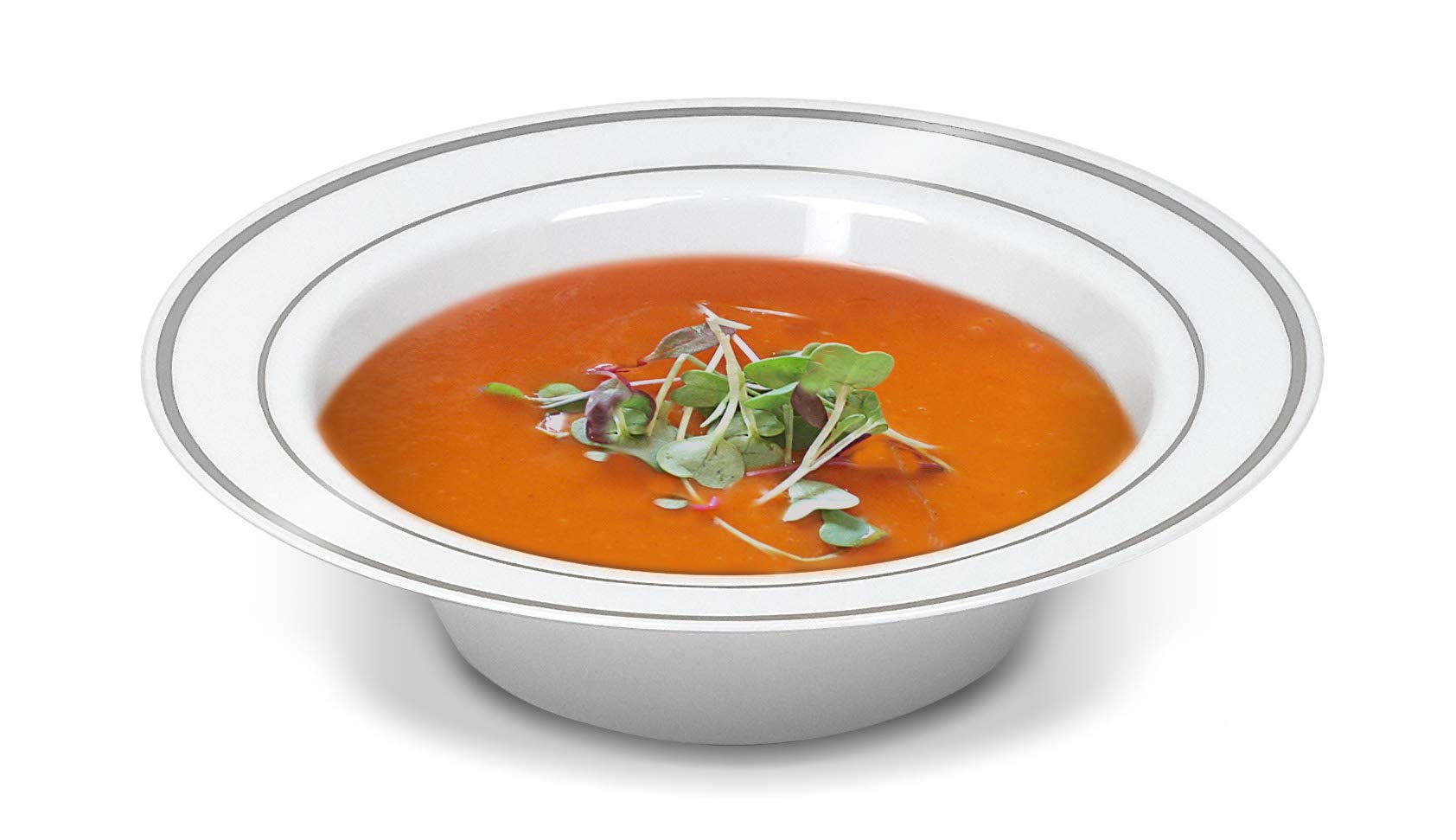 BloominGoods 50 Disposable White Silver Trim Plastic Dessert Bowls | SMALL 6 oz. Premium Heavy Duty Disposable Dinnerware with Real China Design | Safe & Reusable and Great for Parties (50-Pack)