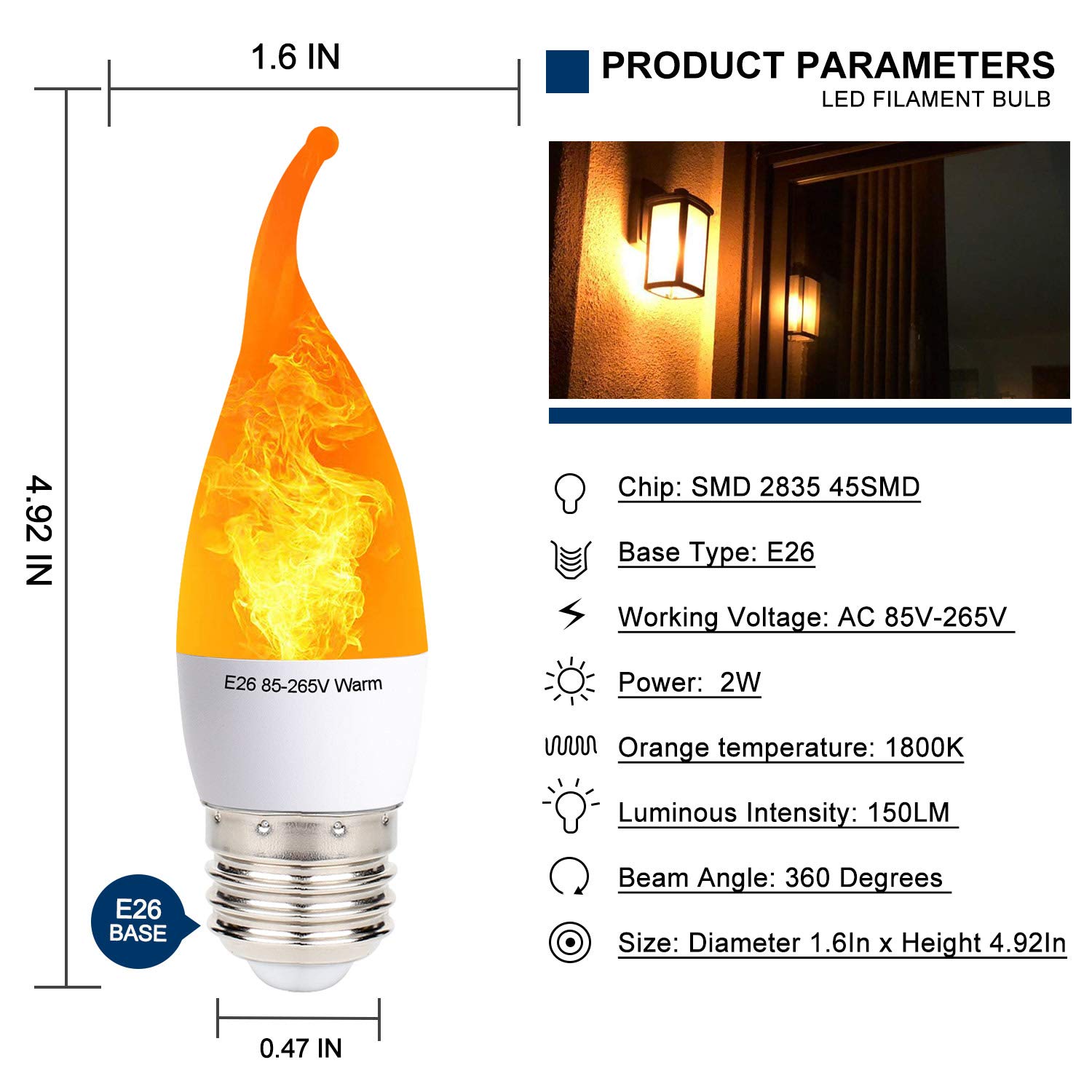 BAILAOYE 4 Pack LED Simulated Fire Flicker Flame Light Bulb, 3 Modes (Emulation General Breathing) 2W 1800K Warm White, E26 Base Fire Light Bulbs with Gravity Sensor for Home Bar Party Decorations