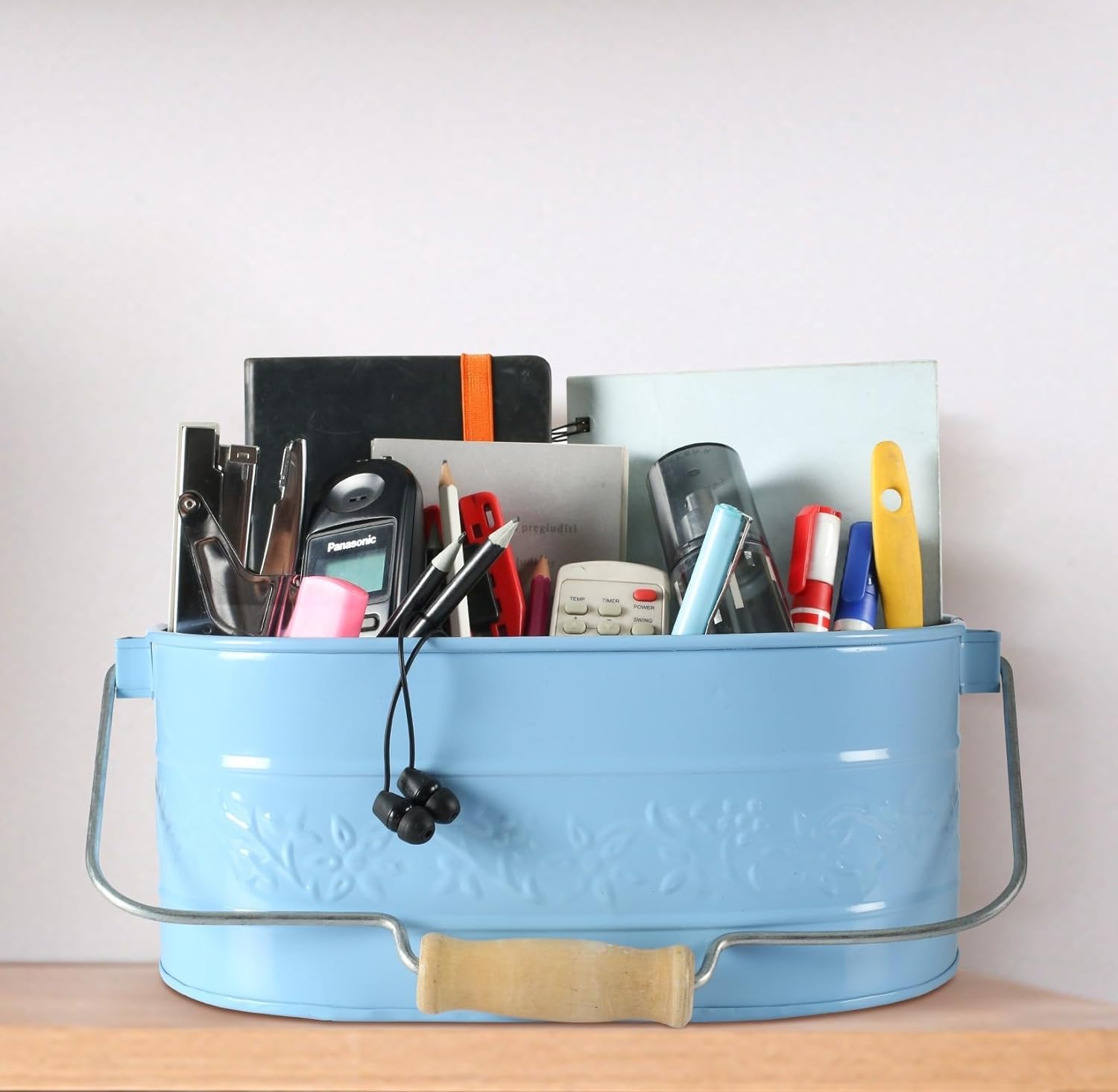 Blue Metal Farmhouse Galvanized Caddy With Wooden Handle - Vintage Rustic Kitchen Organizer With 4 Compartments For Flatware, Napkins, Plates, Cutlery, Flatware, Utensils - SKY Blue