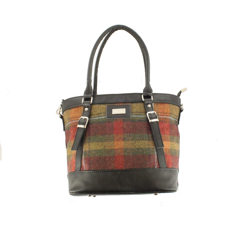 Mucros Weavers Tweed & PU Leather Handbag - Made In Ireland - Kelly Style (Autumn Plaid)