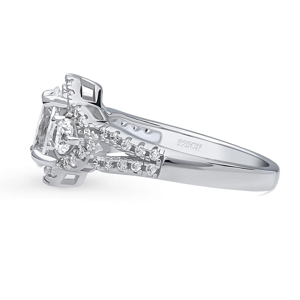 BERRICLE Sterling Silver 3-Stone Wedding Engagement Rings Oval Cut Cubic Zirconia CZ Halo Split Shank Ring for Women, Rhodium Plated Size 5