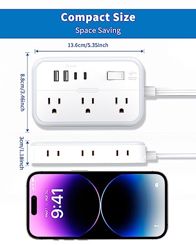 Flat Extension Cord 25 ft, NTONPOWER 2-Side Outlet Extender Surge Protector Power Strip with 6 Outlets 4 USB Ports, Mounted, Overload Protection for Indoor, Home, Office, Dorm Room Essentials