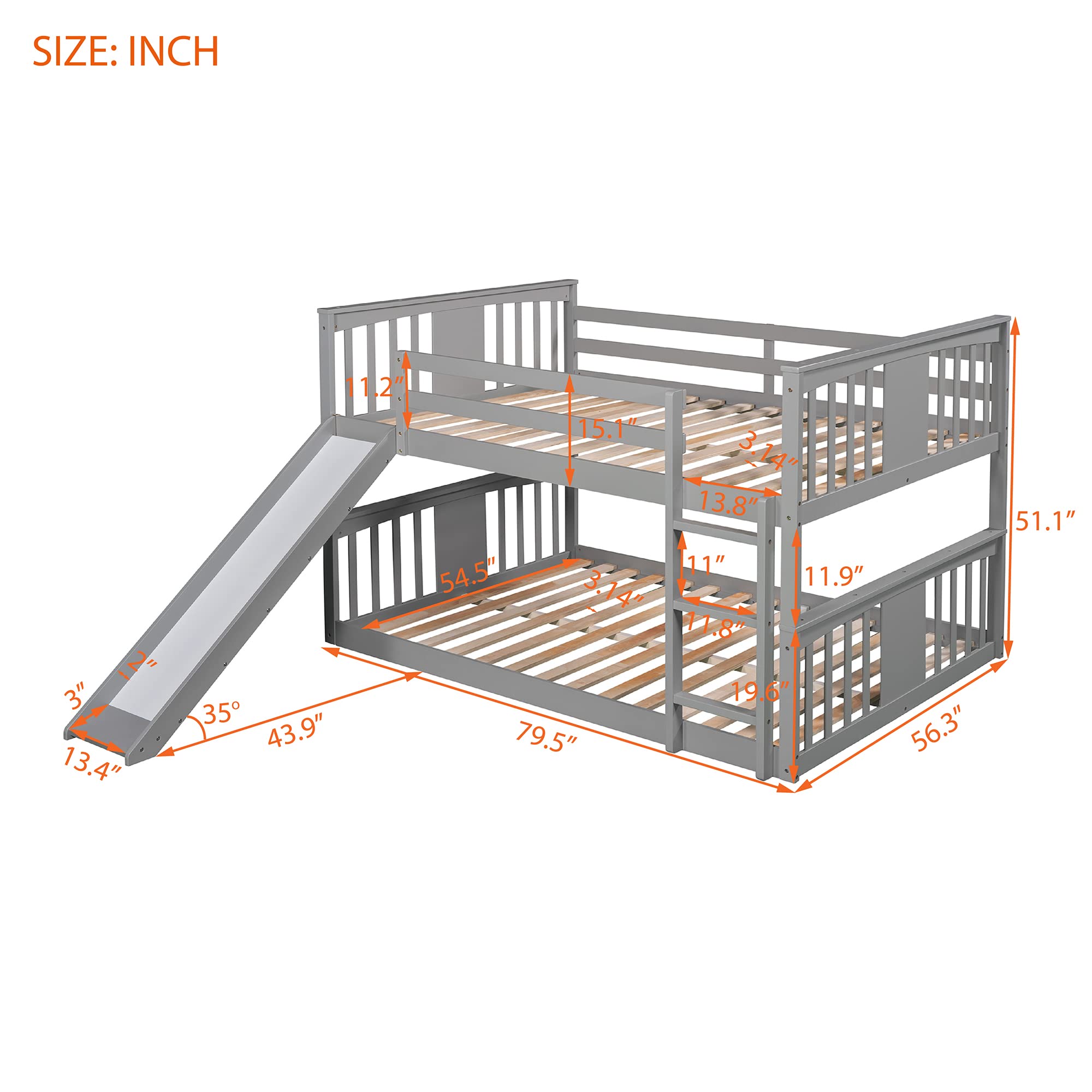 BIADNBZ Full Over Full Low Bunk Bed with Slide and Ladder, Wooden Floor Bunkbeds Frame for Kids Bedroom, Gray