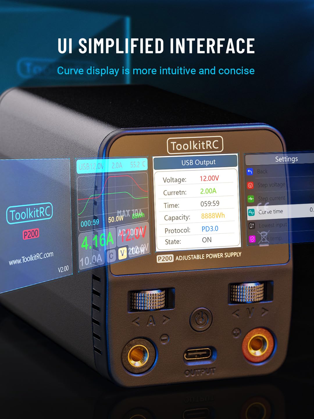 NEW ToolkitRC P200 V2 Mini 30V Supply AC100W DC200W 10A GaN Adjustable Mini Desktop Power Supply USB Output 4.0mm banana female port with TypeC 65W Output fast charging