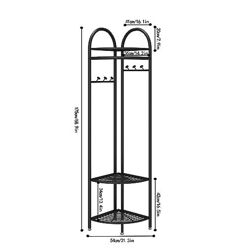FLRH Black Corner Hall Tree, Freestanding Garment Rack with 6 Hooks and Storage Shelf, Metal Clothing Racks Coat Racks for Hallway, Entryway, Bedroom, Living Room, Office(Black)