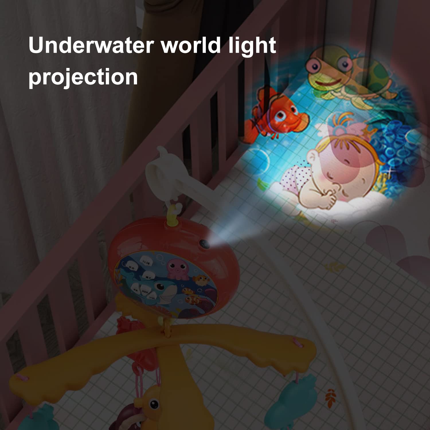Baby Musical Crib Mobile Bed Bell Crib Bell, Multi-Function Electric Projection Light Music Box with Lullaby, Ocean Animals 360°Hanging Rotating Teether Rattle Toys(Red)