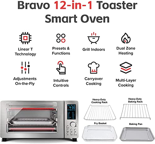 Nuwave Bravo 12-in-1 Digital Toaster Oven, Countertop Convection Oven & Air Fryer Combo, 1800 Watts, 21-Qt Capacity, 50°-450°F Temp Controls, Dual Zone Surround Cooking, Linear T Technology, SS Look