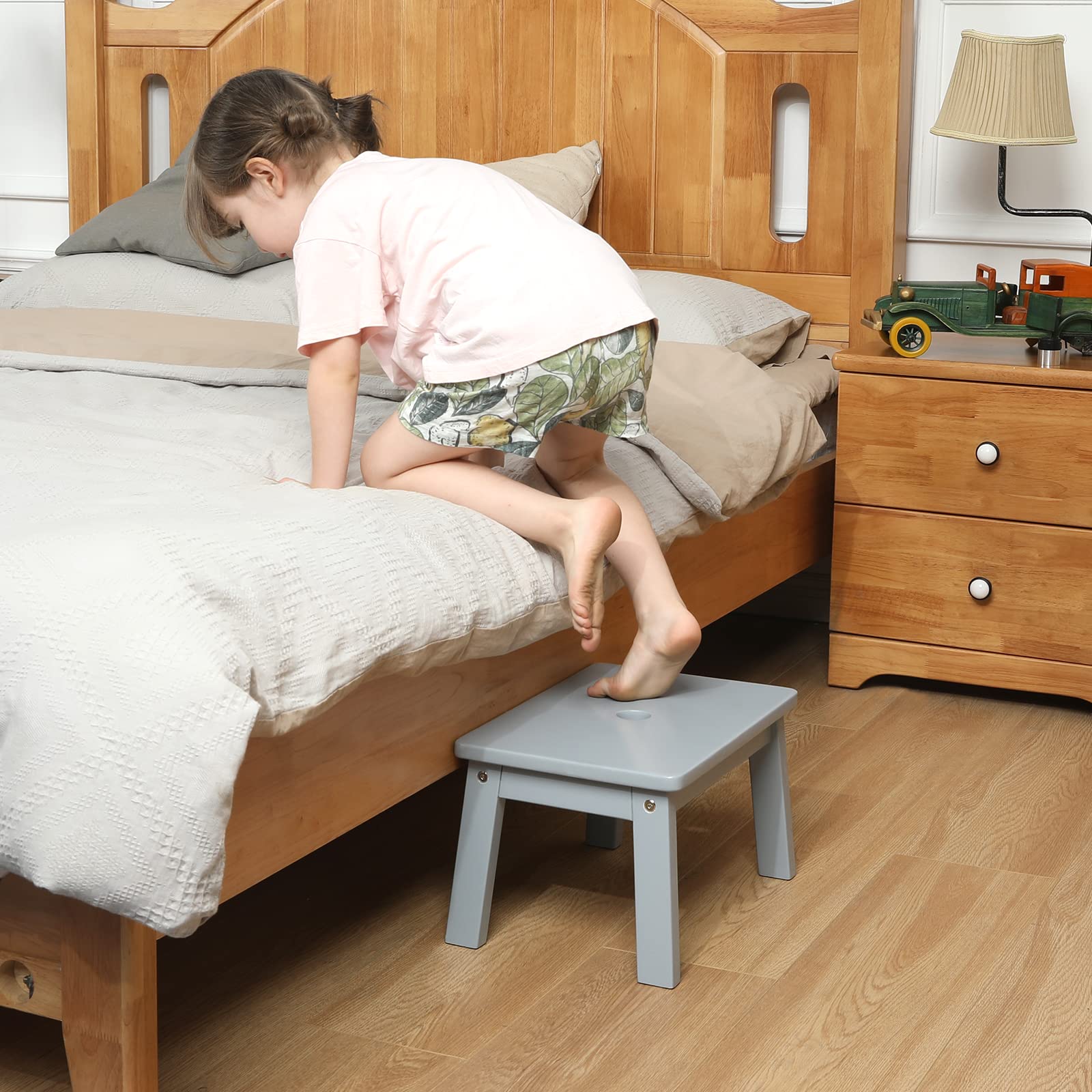 HOUCHICS Wooden Step Stool for Kids,Solid Birch for Kitchen Bedroom Living Room Bathroom Toilet Nursery Toddlers Potty Training Stool with Non-Slip Pads and 220lb Load Capacity (Gray