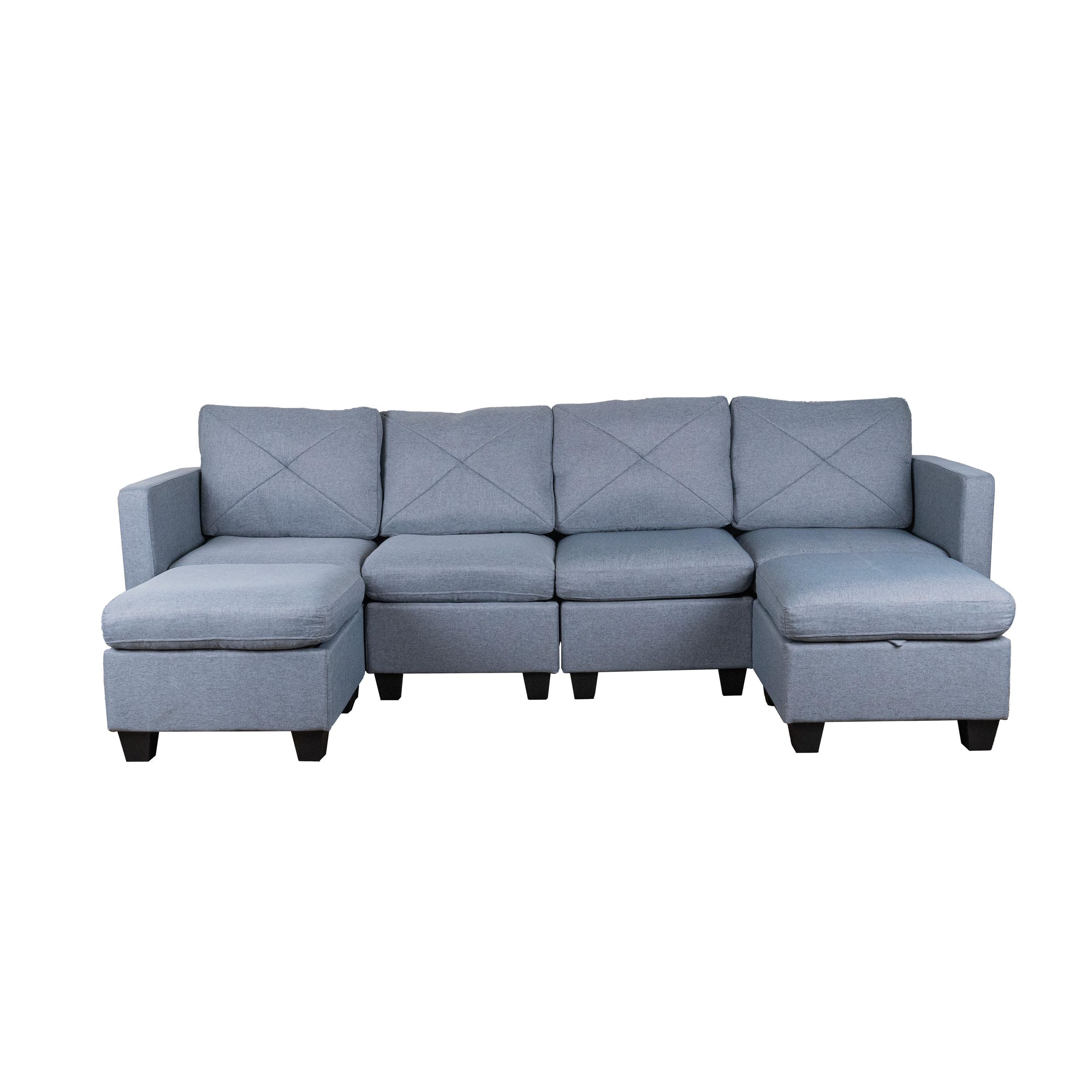 Divano Roma Furniture Modern Linen Fabric U-Shaped 6 Seat Sectional Sleeper Couch with Reversible Chaise Modular Sofa with Storage, Large, Grey
