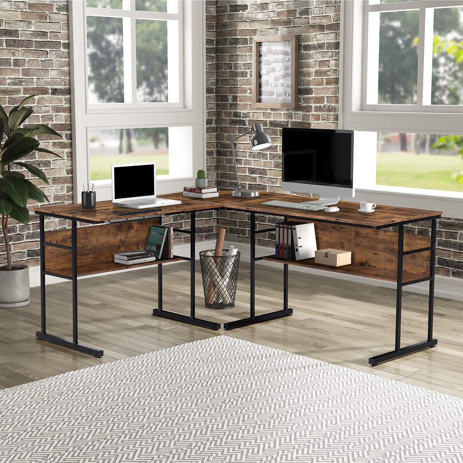 blackwolf 67 inches L-Shaped Desk, Corner Computer Desk with Bottom Bookshelves & CPU Stand, Drafting Drawing Table with Tiltable Desktop, Corner Desk Computer Workstation Home Office Desk (Brown)