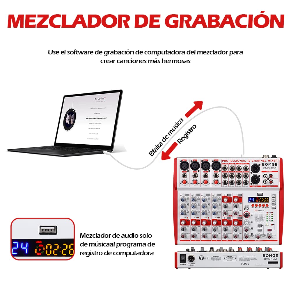 BOMGE 10-Input sound board Mixer with Mic Preamps and Compressors, 24DSP, bluetooth,48V Power,British EQ and USB/Audio Interface fro recording, karaoke and podcast. (10M-10 Channel)