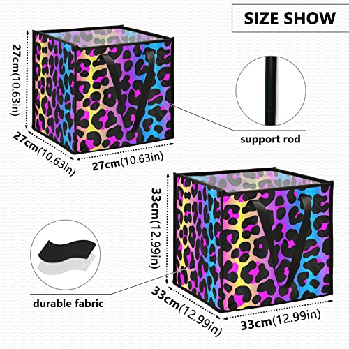 Blueangle Neon Gradient Leopard Print Cube Storage Bin with Handles, 13 x 13 x 13 in, Large Collapsible Organizer Storage Basket for Home Décor(945)