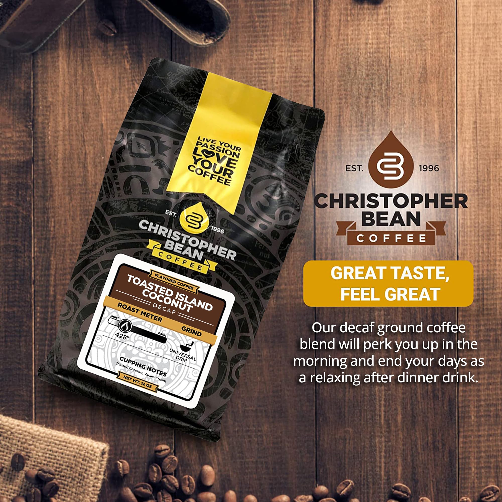 Christopher Bean Coffee - Toasted Island Coconut Flavored Coffee, (Decaf Ground) 100% Arabica, No Sugar, No Fats, Made with Non-GMO Flavorings, 12-Ounce Bag of Decaf Ground coffee