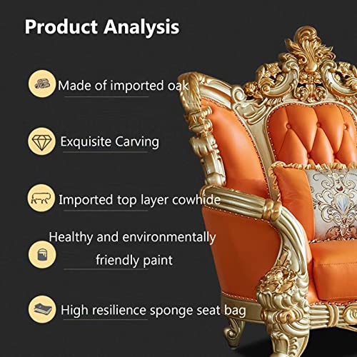 DEKIST Solid Wood Leather Sofa, European-Style Villa Living Room Luxury Leather Sofa, Mansion Solid Wood Furniture Suitable for Villa Living Room with Pillows